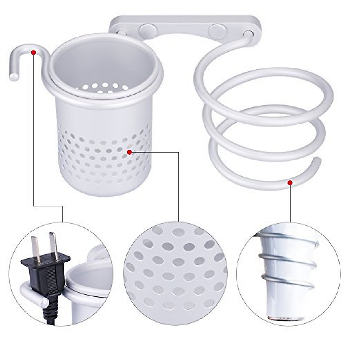 Yosoo Aluminum Multifunctional Bathroom Organizer Collection Storage Rack/Spiral & Hair Dryer Holder Stand & Canister & Towel Hooks Wall-Mounted (Hair Dryer & Straightener Holder)