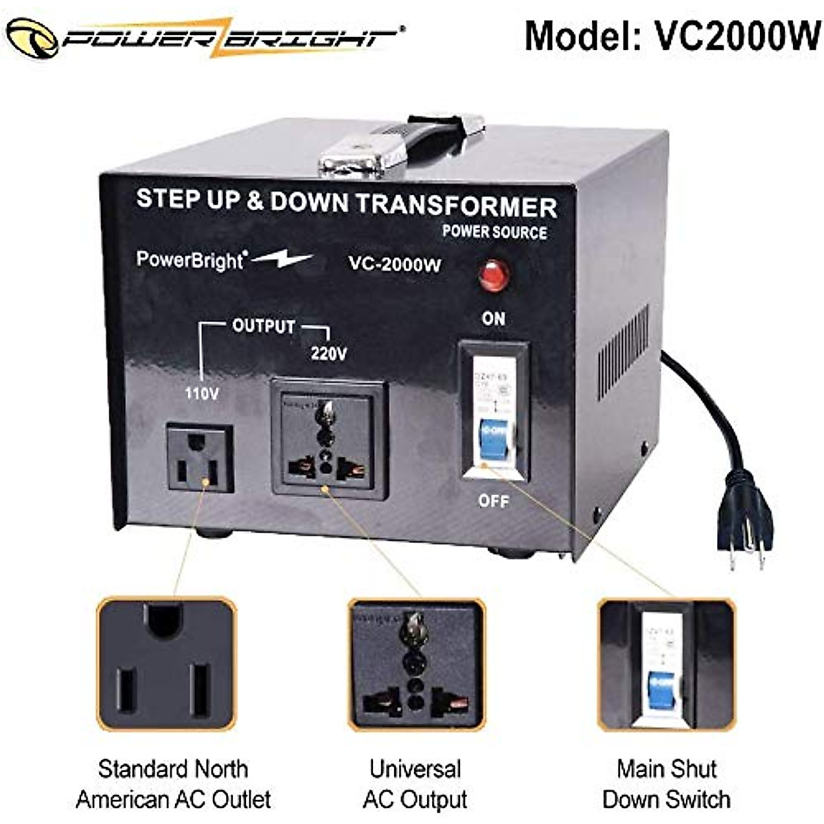 PowerBright Step Up & Down Transformer, Power ON/Off Switch, Can be Used in 110 Volt Countries and 220 Volt Countries, Convert from 220-240 Volt to 110-120 Volt & from 110-120 Volt to 220-240 (2000W)