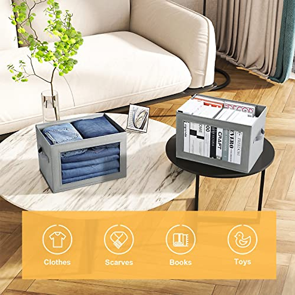 DIMJ Storage Bins with Lids, Foldable Sorage Bin for Closet, Storage Baskets with Window, Fabric Storage Bins with Handle for Clothes, Books, Baby items (Grey, Set of 4)