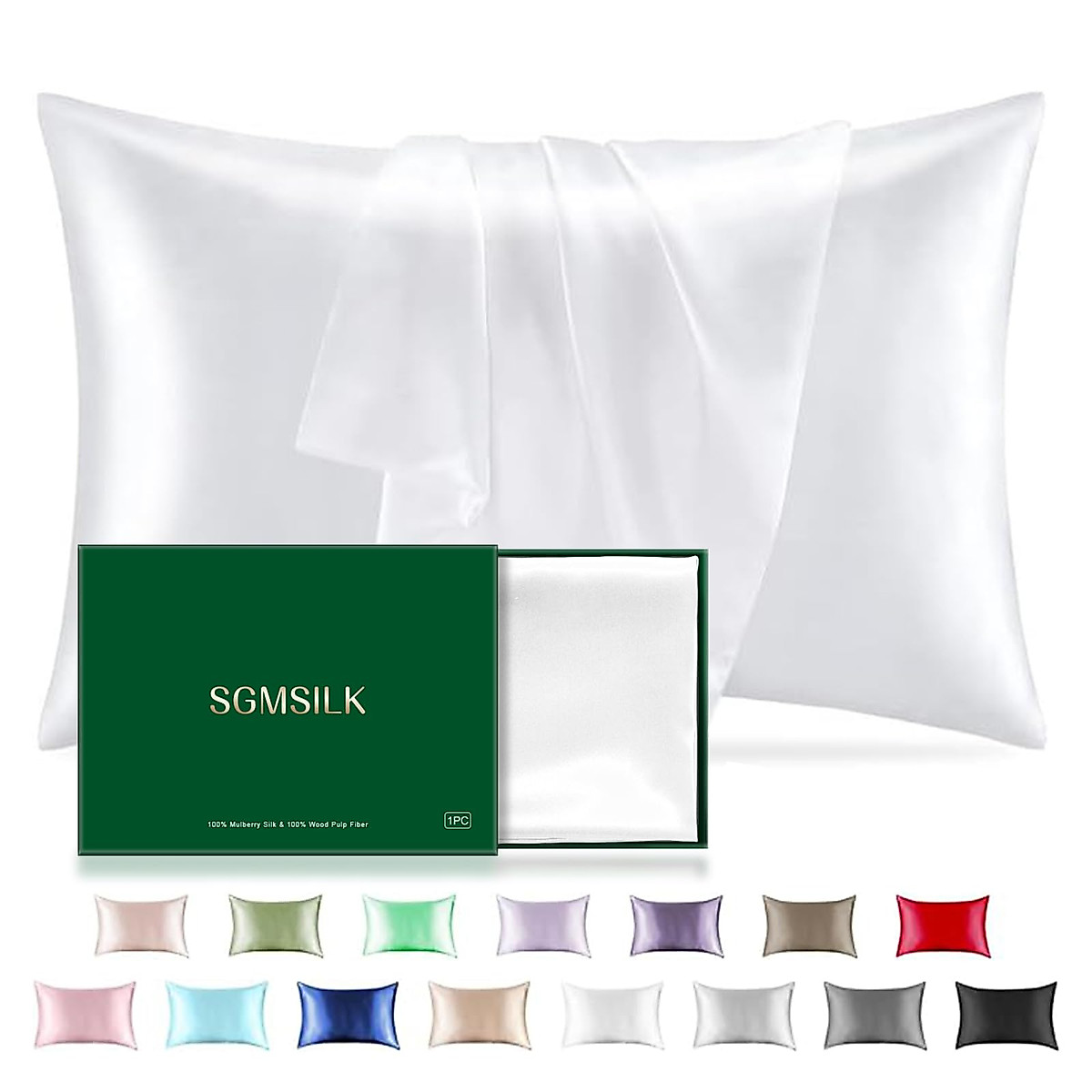 Mulberry Silk Pillowcase for Hair and Skin, SGMSILK 22 Momme Natural Silk Pillow Cases with Zipper, 6A Soft and Smooth Single Sided Pure Silk Pillow Cover (White, Queen 20"x30")