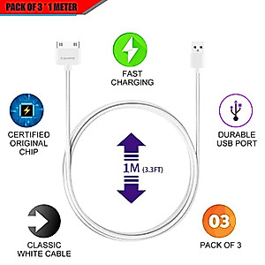 iPhone 4 Charger Cables (3 Pack 3.3 Ft) 30 Pin to USB Fast Charge & Sync Charging Cable Certified for Old Apple iPhone 4s / 4, 3G / 3GS, Old iPad 1/2/3, Old iPod Touch, Old iPod Nano