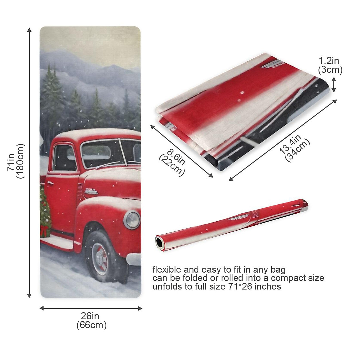 GOODOLD Red Truck Farm Christmas Yoga Mat, 71 x 26 Inch Non-slip Yoga Mats Folding Travel Exercise Mat Indoor Outdoor Gym Pilates with Storage Bag for Women Men