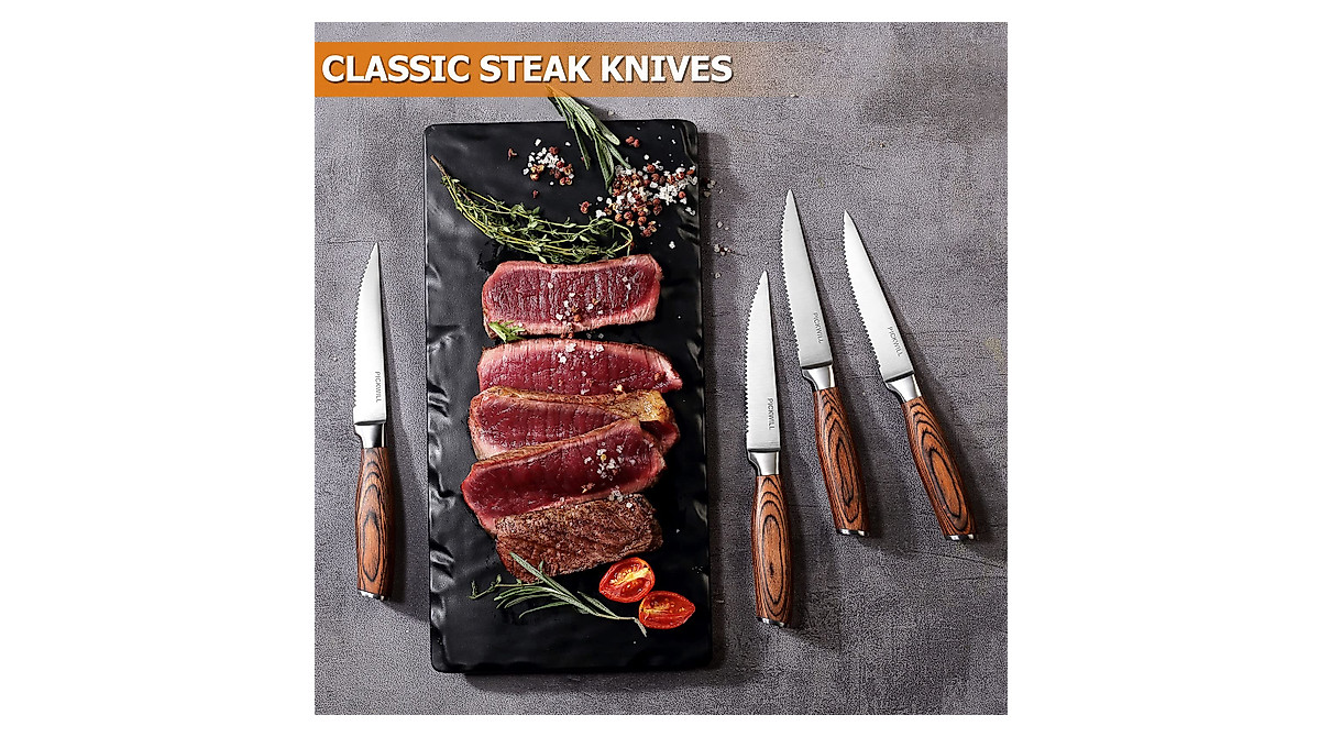 PICKWILL Serrated Steak Knives Set of 4 - Ergonomic & Sharp
