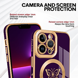 Newseego for iPhone 13 Pro Max Magnetic Case, Cute Butterfly Plating Edge Case for Women Girls Men Soft TPU Bumper Shockproof Camera Protective Cover for iPhone 13 Pro Max-Purple