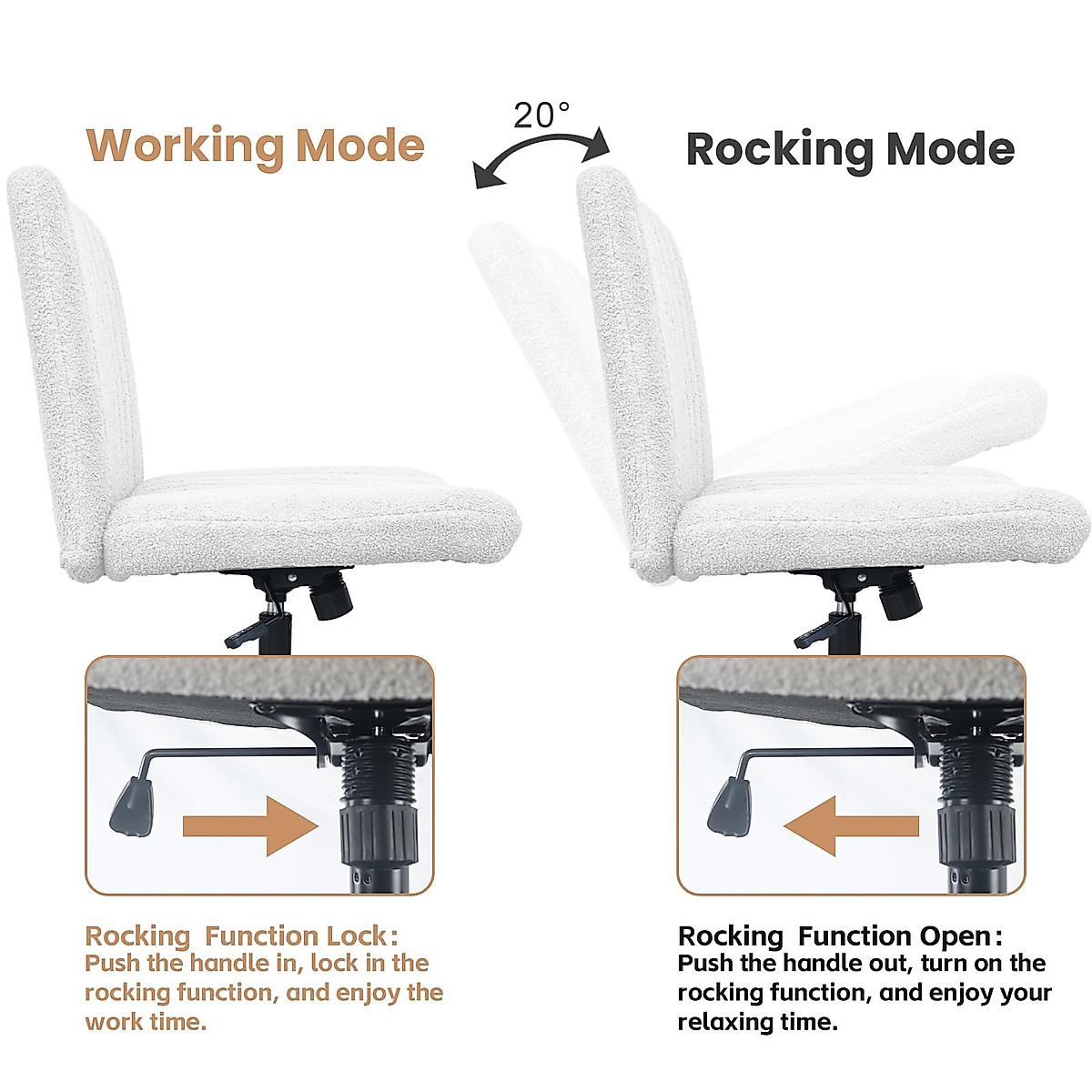 Kadunmina Armless Office Desk Chair with Wheels, Modern Swivel Computer Task Chair Comfortable Adjustable Wide Seat Vanity Chair for Home, Bedroom, Make Up(White)