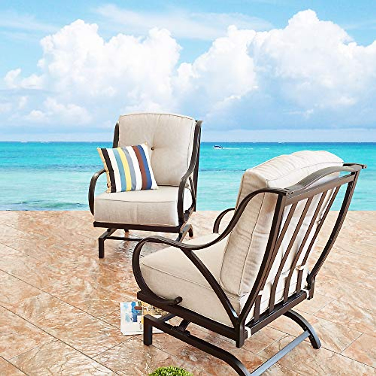 Top Space Rocking Motion Patio Chair Outdoor Deep Seating Club Chair Metal Furniture Set with Soft Cushion Sturdy Metal Frame Furniture for Garden Yard Lawn Poolside (2PCS, White)