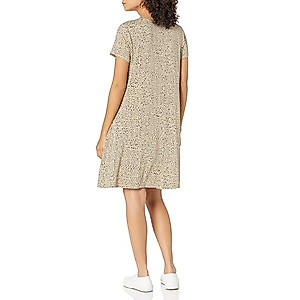 Amazon Essentials Women's Short-Sleeve Scoop Neck Swing Dress (Available in Plus Size), Light Rose Leopard Print, Small