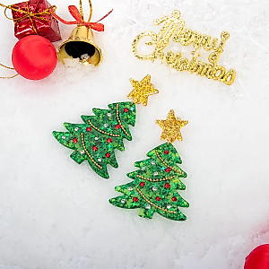 MUYAN Green Christmas Tree Earrings for Women Glitter Gold Star Green Christmas Tree Dangle Earrings Holiday Jewelry