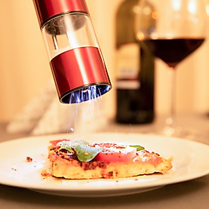 Relaxdays Electrical Pepper Mill, Set of 2, Stylish, LED Light, Spice Shaker, Stainless Steel, Battery-Operated, Red