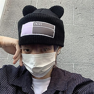 Y2K Balaklava Ski Mask, Bear Big Ears Beanie, Knitted Hooded Collar, Neck Protector, Men's and Women's (Black,One Size,One Size)