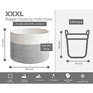 HOMYAM Throw Blanket Basket for Living Room | XXXLarge Rope Basket for Storage | Large Woven Basket for Storage | Pillow Basket & Blanket Holder for Bedroom | Woven Laundry Hamper Basket - 22" x 14"