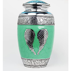 Wood Carving International Angel Wings Urns for Ashes - Decorative Human Adult- Burial cremated remains Funeral Urn Cremation Adult Male & Female with Velvet Bag (Green), Large