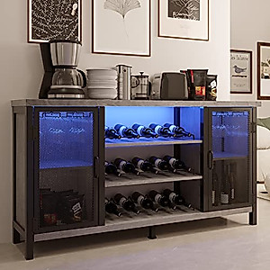 LED Wine Bar Cabinets for Home – Industrial Liquor Cabinet Bar with 2 Hinged Doors, Adjustable Wood and Steel Bar Table with Bottles Rack, Kitchen Farmhouse Coffee Bar, Living Room Furniture, Grey