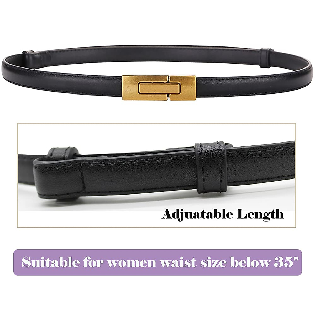 ALAIX Women's Leather Skinny Belt for Dress Adjustable Thin Waist Belt Dress Belt with Vintage Gold Buckle Black