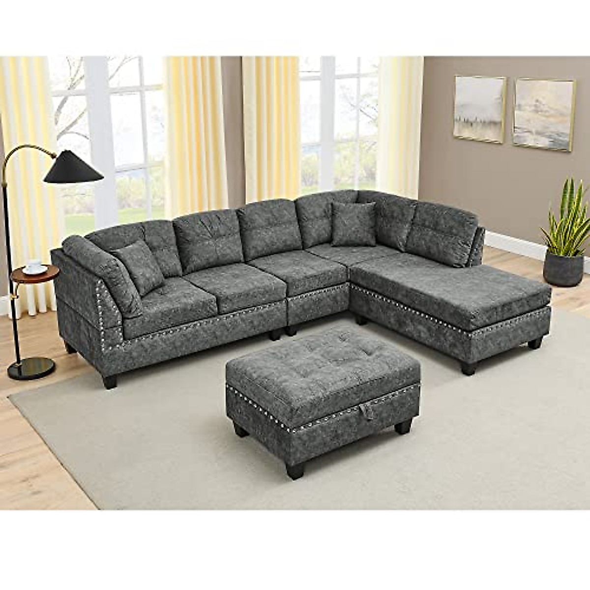 UBGO Furniture, L-Shape Set,Modern Upholstered Living Room Sectional Reversible Chaise,Couches Sofas for Large Space Dorm Apartment-Gray