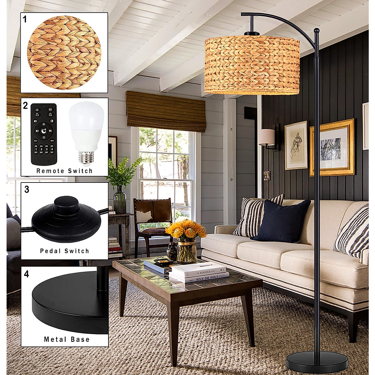 QIYIZM Floor Lamp for Living Room Bedroom Farmhouse Arc Rattan Boho Standing Lamp with Remote Dimmable Black Wicker Bamboo Lamp Shade Floor Light Adjustable Tall Lamp Industrial Floor Lamps Bohemian