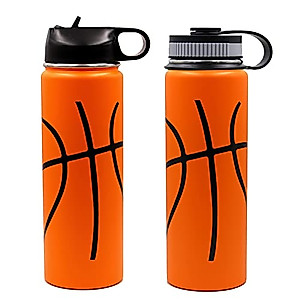 22 oz Basketball Water Bottle, Metal Thermo Bottle with 2 Lids 18/8 Stainless Steel Tumbler Double Wall Vacuum Insulated Flask for Gym, Travel, Sports (22oz, Basketball)