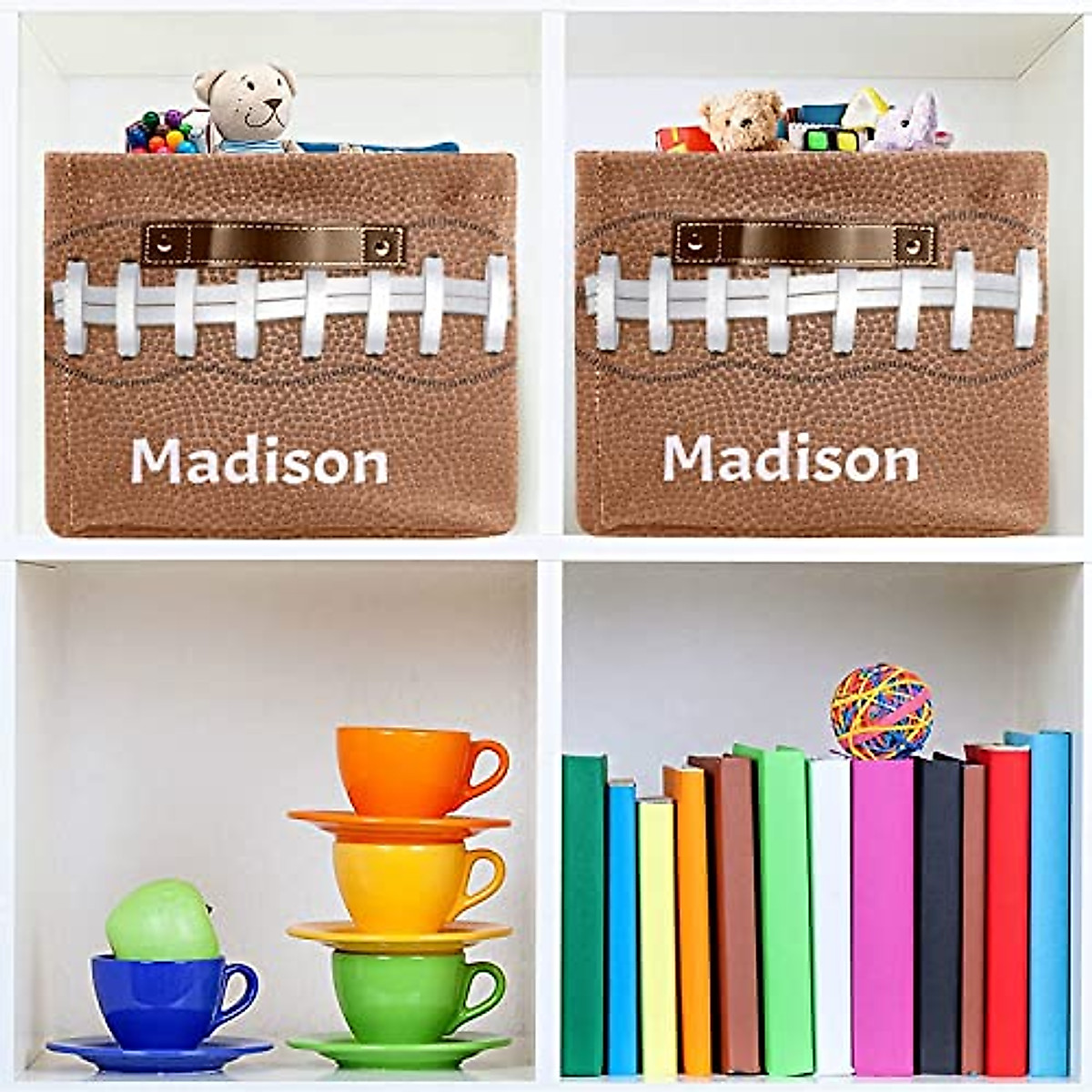 Football Laces Personalized Storage Basket ,Custom Storage Bins Cubes Organizer with Handle for Bedroom Wardrobe,Nursery,Basket 1 Pack