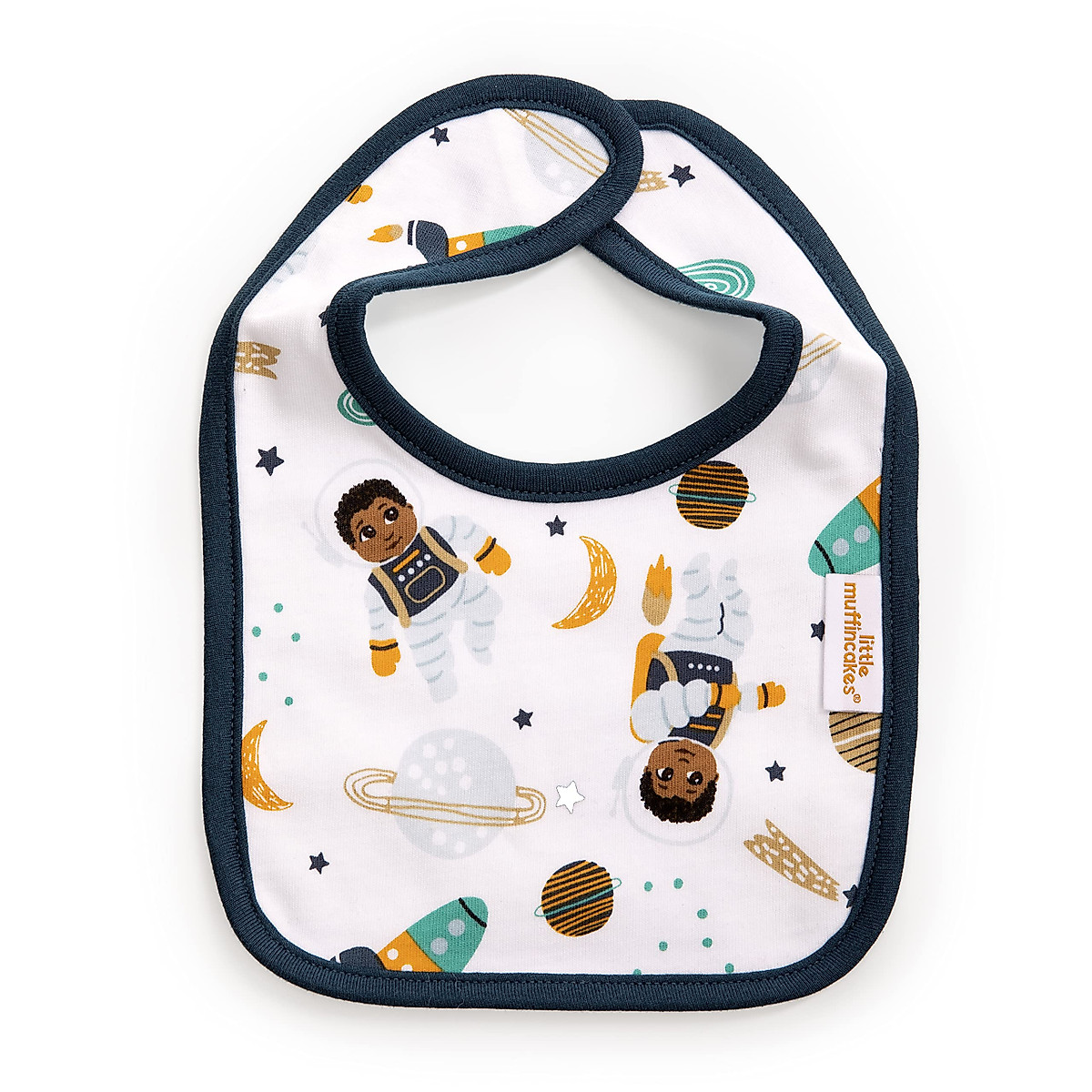 Little Muffincakes Baby Bibs 3 Pack Cotton Blend Hook-and-Loop Closure - Astronaut and Rocketships (Ashton) Newborn & up, Blue, Small