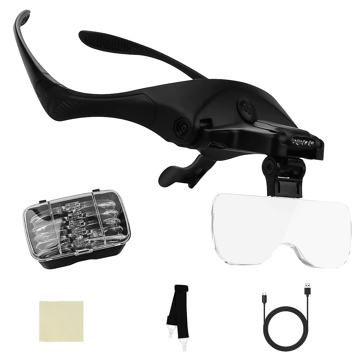 Headband Magnifying Glass with 4 LED Lights, Rechargeable Head Magnifier with 5 Detachable Lenses 1.0X, 1.5X, 2.0X, 2.5X 3.5X - Hands Free Lighted Magnifier Glass for Jewelry, Crafts, Cross Stitch