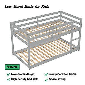 Bunk Beds Twin Over Twin, Wood Kids Low Bunk Bed with Guard Rails, Ladder for Young Children Boys Girls Dormitory Bedroom, No Box Spring Needed (Grey)