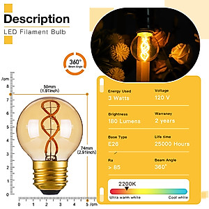 Genixgreen Dimmable E26 Amber LED Bulb Small Edison Light Bulb 25 Watt Equal 3W,G16.5/G50 Antique Globe Spiral Filament Bulb for Vanity Outdoor Light Strings,Soft White 2200K,180LM,2 Pack