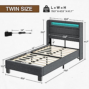 Rolanstar Bed Frame Twin Size with Headboard, Upholstered Platform Bed Frame Twin with LED Lights and USB Ports, Motion Activated Night Light & Solid Wood Slats, No Box Spring Needed, Dark Grey