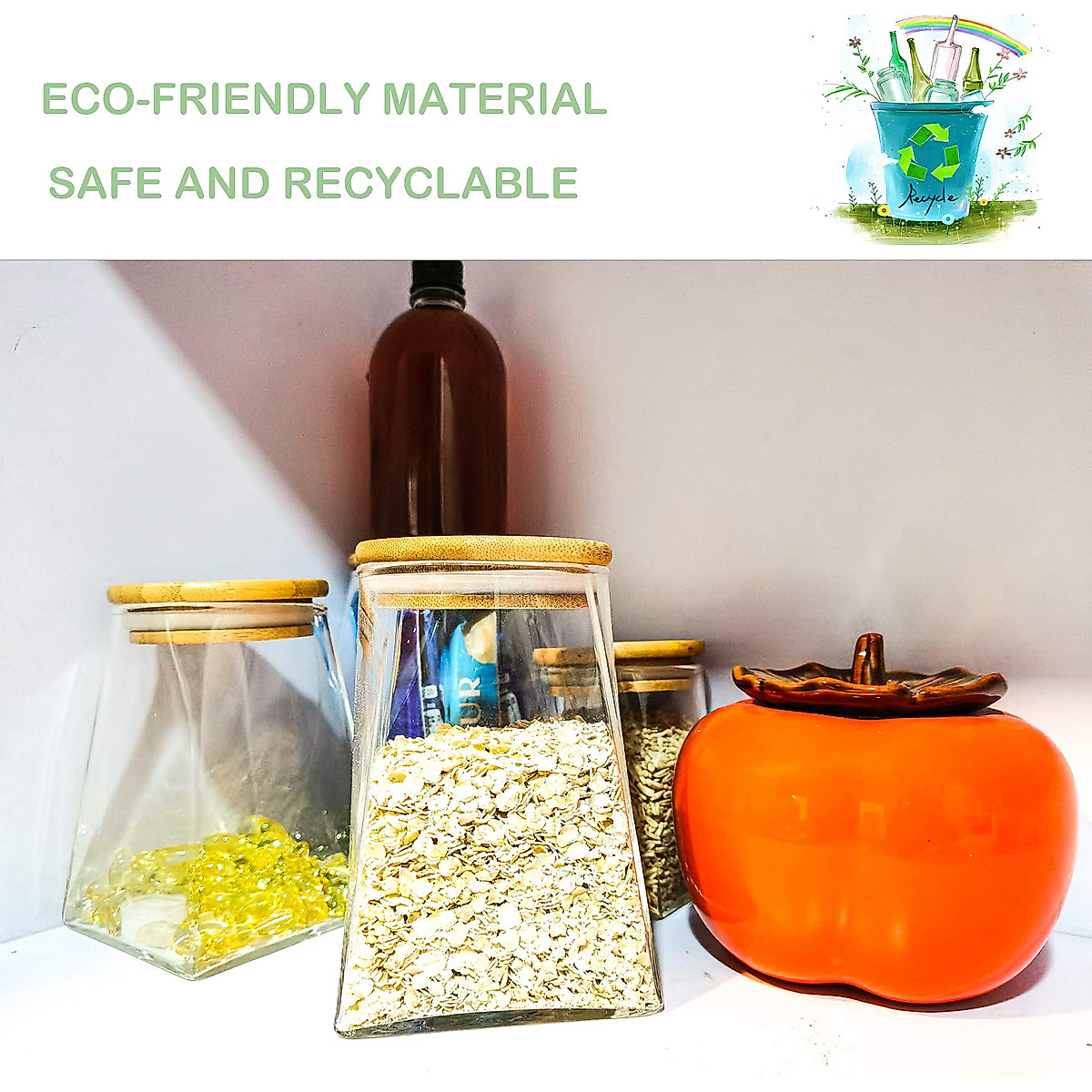 Glass Food Storage Jars Container Canister Set Terrarium With Extra Wide Mouth Wooden Lid for Candy, Cookie, Rice,Spice,Tea kitchen Organization Storage Pantry organizer (4 SIZE ABOVE IN ONE PACK)