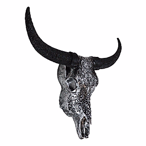 Ebros Gift Silver and Black Tribal Floral Vines Tooled Steer Bison Bull Cow Skull Head with Horns Wall Mount Decor Artistic Replica Native Animal Bust Skulls Hanging Mounted Plaque Sculpture