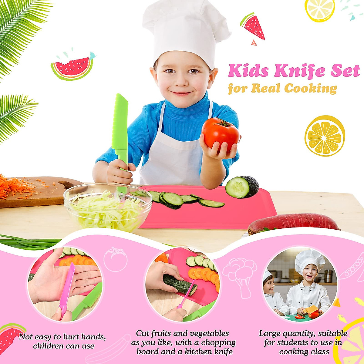 Yinkin 20 Pcs Kids Plastic Knife Set with Cutting Board Toddler Knife Tools, Including 10 Child Safe Knife 10 Kids Chopping Board Kids Cooking Utensils for Cooking Club, Preschool (Fresh,Classic)