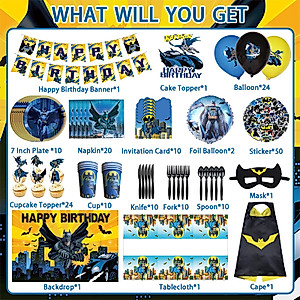 186PCS batm Birthday Party Supplies,Superhero Party Decorations Set Include Birthday Banner,Cake Topper,Cupcake Toppers,Tablecloth,Napkins,7Inch Plates,Invitation Card,Knives,Forks,Spoons