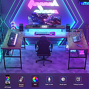 Unikito U Shaped Office Desk with Power Outlet and LED Strip, Reversible L Shaped Computer Desk with Monitor Stand & Storage Shelves, U- Shape Gaming Table, 83 Inch 2 Person Corner Desk, Rustic Brown