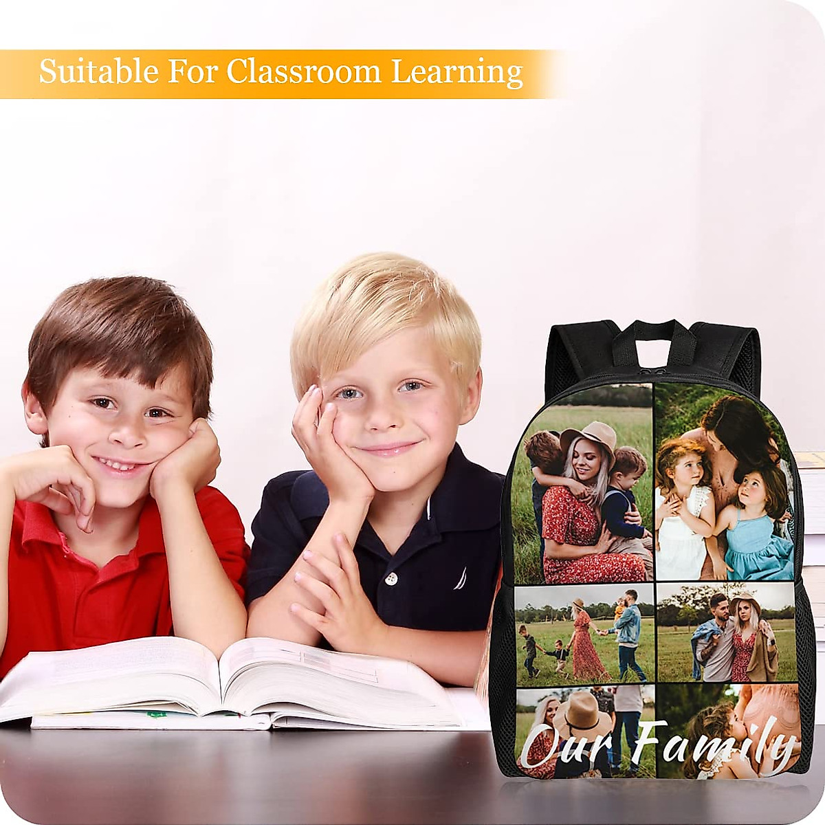 Boneker Custom Backpack Personalized Backpack with 1-9 Photo Customize Your Image Text Name Logo Waterproof Laptop Bag (6 Photos)