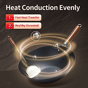 WANGYUANJI Iron Wok,12.59" Lightweight Woks and Stir Fry Pans,Wooden Handle Carbon Steel Wok No Chemical Coated Flat Bottom Wok for Induction, Electric, Gas, Halogen All Stoves