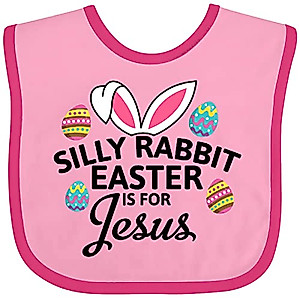 inktastic Silly Rabbit Easter Is for Jesus with Bunny Head and Easter Eggs Baby Bib Pink and Fuchsia 2908c