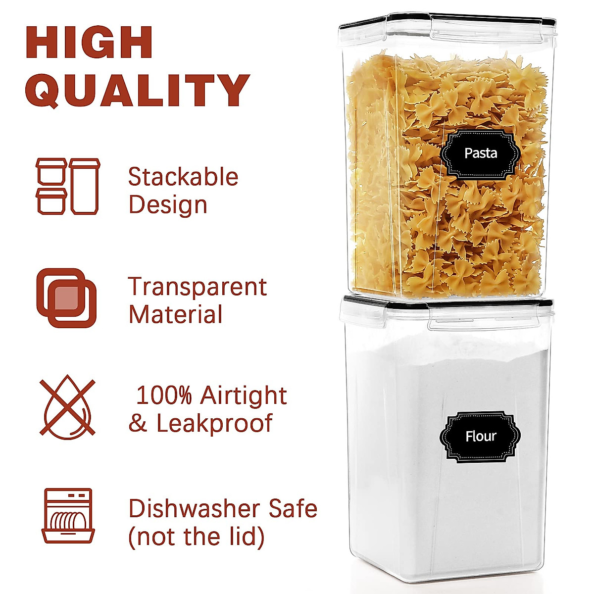 Skroam 4PCS Airtight Food Storage Containers with lids 6.5L/220oz, Flour Sugar Containers for Kitchen Pantry Organization, Storage Containers for Pantry, 1 Measuring Cup & 20 Labels