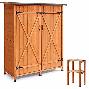 MELLCOM 63“ Wood Storage Shed, Outdoor Garden Shed with Wood Stool and Double Lockable Doors, Weather Resistant Tool Shed Organizer for Patio, Garden, Backyard, Lawn