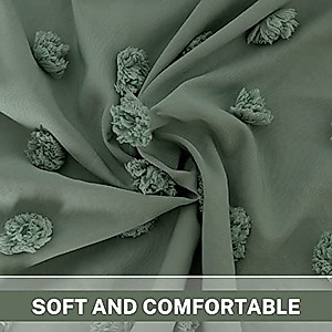 Siiluminisoy Green Boho Shower Curtain Woven Fabric Cute Shower Curtain, 72 x 72 Tufted Pleat Floral Textured Modern Farmhouse Minimalist Shower Curtain Set with Hooks for Bathroom