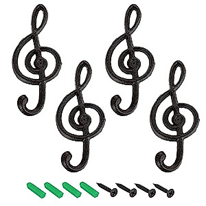 JUXYES Pack of 4 Musical Note Vintage Wall Decorative Hook with Screws, Cast Iron Heavy Duty Wall Garage Hook Music Treble Note Retro Wall Hanger Hook for Robes, Towels, Coats, Bags and Cloths
