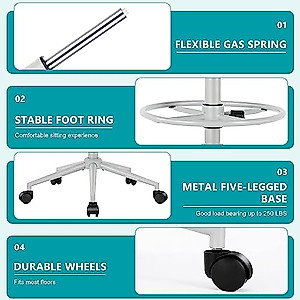 Drafting Chair with Flip-up Armrests and Foot-Ring, Tall Office Chair for Standing Desk Adjustable Height Office Desk Chair for Home Office, Breathable Mesh Swivel Rolling Tall Chair Grey