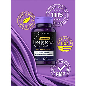 Melatonin 10mg | 120 Capsules | with Ashwagandha | Triple Strength Formula | Non-GMO, Gluten Free Supplement | by Carlyle