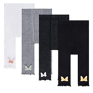 Looching 4 Pack Baby Toddler Kids Girls Footless Tights Cotton Leggings Cable Ribbed Knit Ruffle Stocking Pant with Bow(12-24 Months)