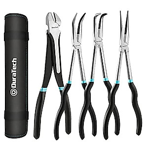 DURATECH 4 PCS Extra Long Needle Nose Pliers Set, Premium CRV Steel, 11" Long Reach Straight Pliers, 90° Bent Nose Pliers, 45°Bent Nose Pliers, Diagonal Pliers for Hard-to-Reach Narrow Spaces