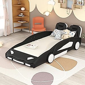 JIVOIT Twin Size Race Car-Shaped Platform Bed with Wheels, Wooden Platform Bed Frame with Two Seats and Wood Slat Support, Twin Car Bed for Kids Teens