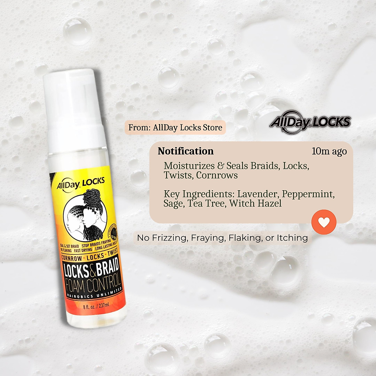 AllDay Locks Braid Foam | Long Lasting Mousse for Style & Shine | No Frizz or Fraying | Moisturizes & Seals Braids, Locks, Twists, Cornrows | 8 oz