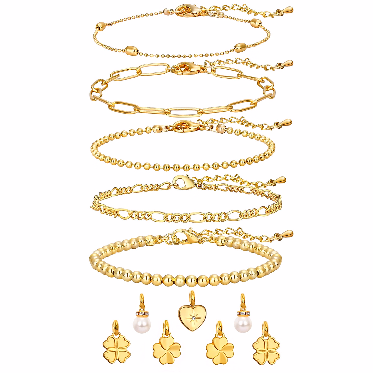 VIMCUPQ Gold Chain Bracelets set for Women, 18K Gold Plated Charm Bracelet Dainty Adjustable Stackable Bracelets Trendy Layered Link Pearl Heart Lucky Clover Charms Bracelets