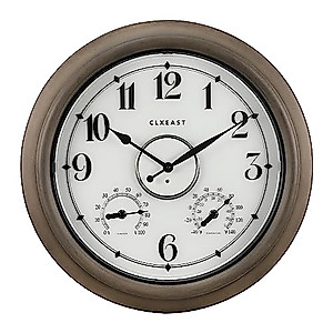 CLXEAST Illuminated Outdoor Clocks Waterproof 18 Inch with Smart Sensor,Large Outdoor Pool Clock with Temperature & Hygrometer,Wall Clock for Living Room Decor,Grey Oak/Faux Barnwood