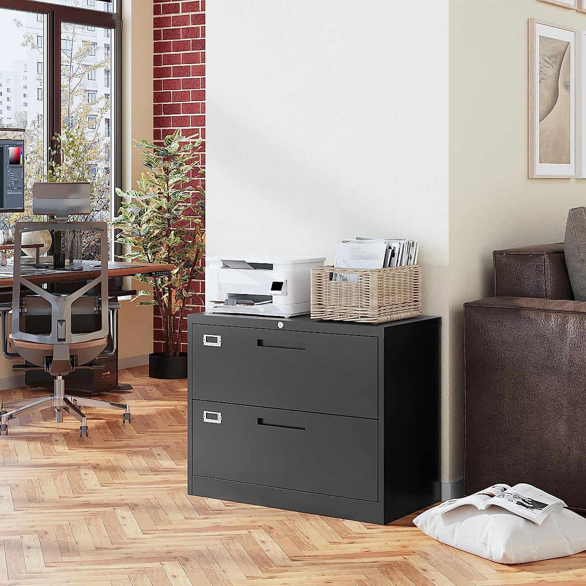 RAVIGIN 2 Drawer File Cabinet with Lock,Lateral Metal Black Filing Cabinets for Home Office 36" Wide Hanging Letter/Legal/F4/A4 Size (Require Assembly)