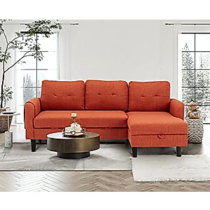 Modern Pull Out Sleeper Sofa Bed with Chaise, Comfy L Shaped Convertible Sleeper Couch with Storage and Pocket, Sectional 3 Seat Couch for Living Room Furniture or Home Office, Tufted Back - Orange