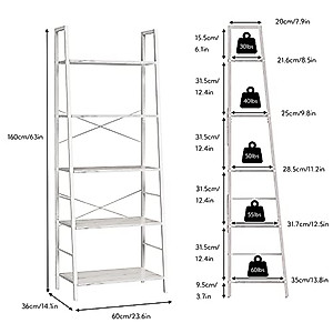 Yusong Ladder Shelf,Industrial 5-Tier Bookshelf,Free Standing Bookcase,Utility Organizer Shelves for Plant Flower,Wood Look Accent Furniture with Metal Frame for Home Office, (White)